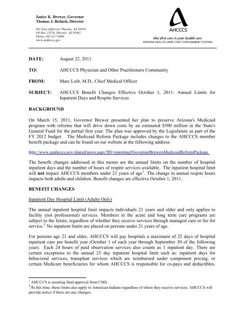 Benefit Changes Memo to Providers - AHCCCS