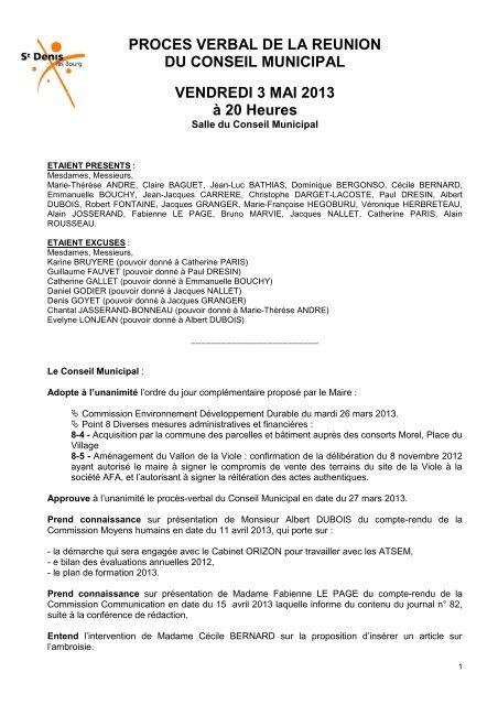 PROCES VERBAL DE LA REUNION DU CONSEIL MUNICIPAL ...