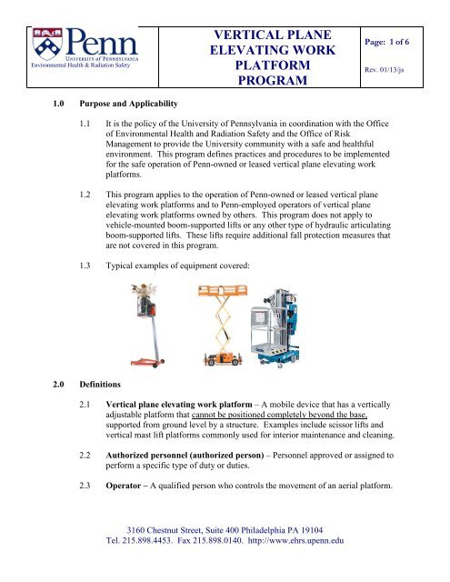 vertical plane elevating work platform program - Environmental ...