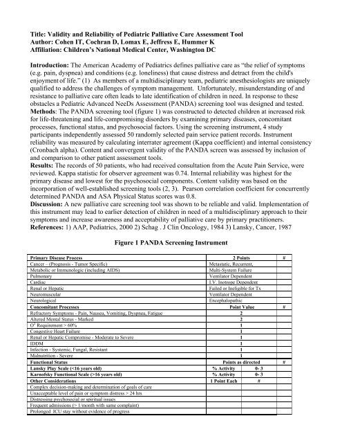 Validity and Reliability of Pediatric Palliative Care Assessment Tool