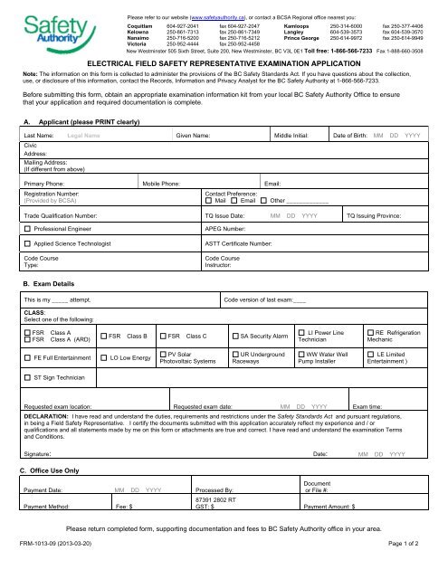 Electrical FSR Exam Application Form 1013 - BC Safety Authority