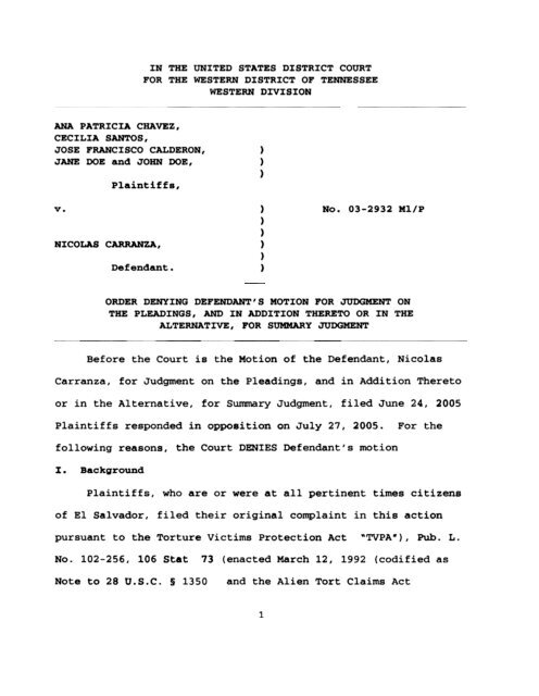 Order Denying Defendant's Motion for Summary Judgment