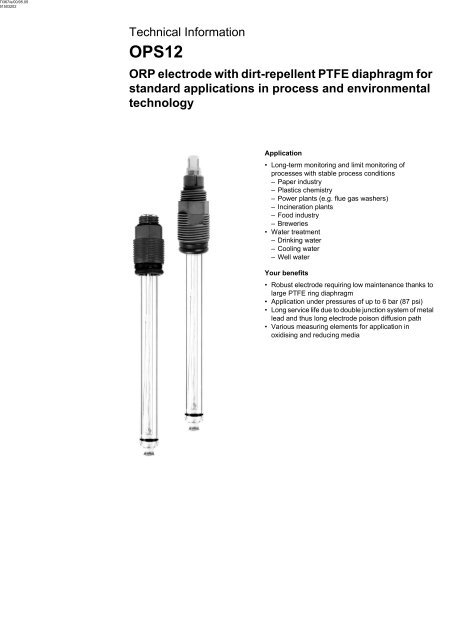 OPS12 ORP electrode with dirt-repellent PTFE ... - RB Instrument