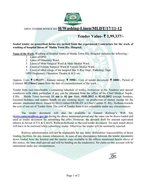 OPEN TENDER NOTICE NO. H/Washing-Linen ... - Eastern Railway