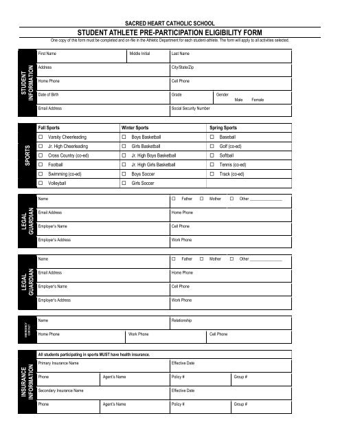 student athlete pre-participation eligibility form - Sacred Heart ...