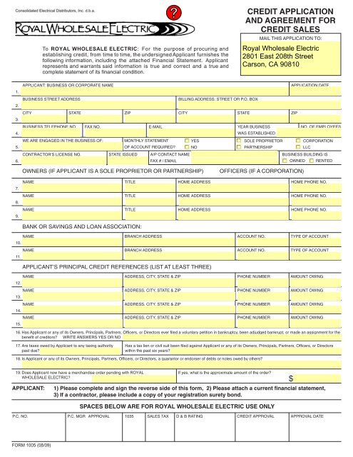 Form 1005 Credit Application - Royal Wholesale Electric, Carson