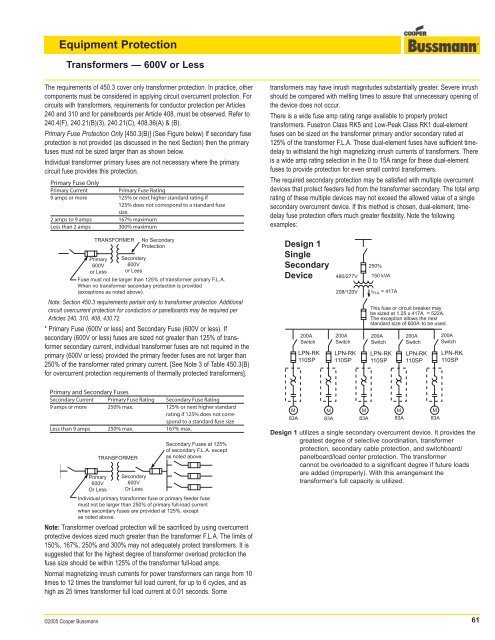 Transformer Sizing Tables - Cooper Bussmann