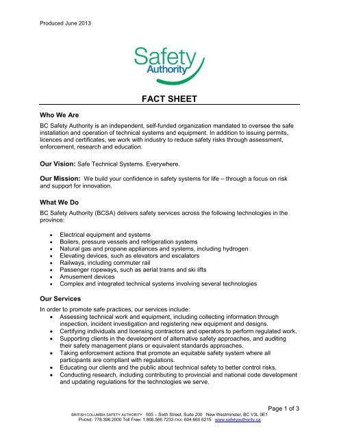 BCSA Fact Sheet - July 2013 - BC Safety Authority