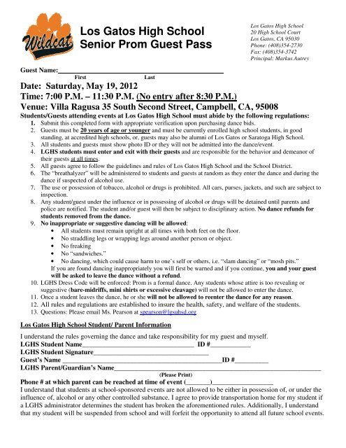 Los Gatos High School Senior Prom Guest Pass