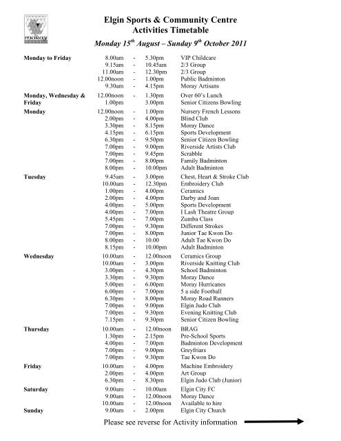 Elgin Sports & Community Centre Activities Timetable