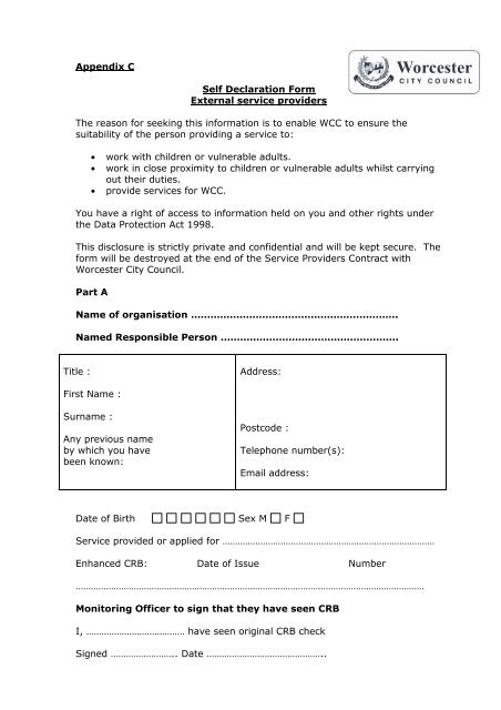 Appendix C - Safeguarding Policy - Self Declaration Form