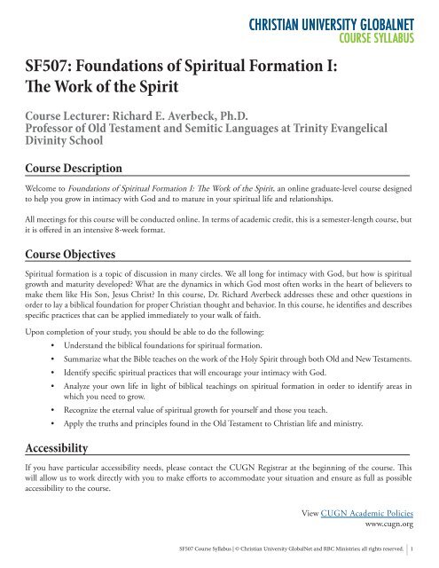 Foundations of Spiritual Formation I - Christian University GlobalNet