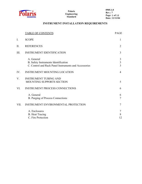 INSTRUMENT INSTALLATION REQUIREMENTS TABLE OF ...