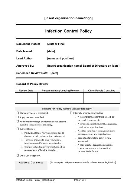 WHS - Infection Control Policy - The MHCC Policy Resource