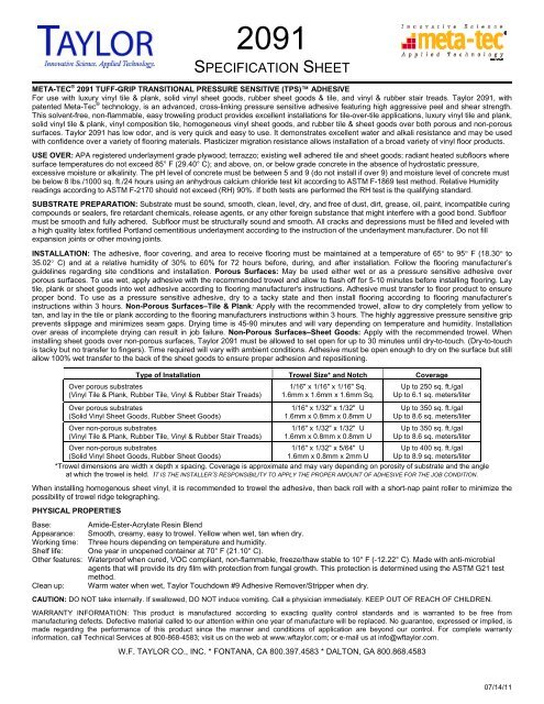 SPECIFICATION SHEET - WF Taylor Co., Inc.