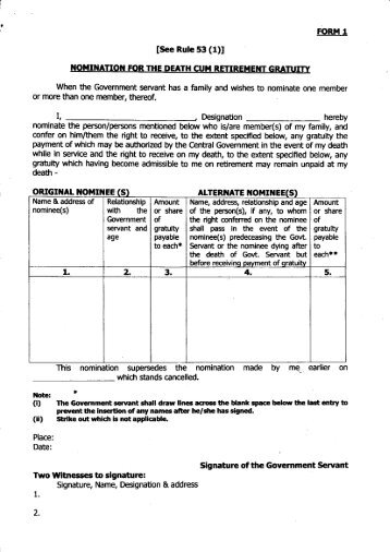FORM NO. 2 [See rule 53(1)] Nomination for Death-cum-Retirement ...