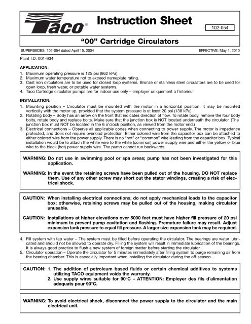Instruction Sheet â 00â Cartridge Circulators - Taco-Hvac