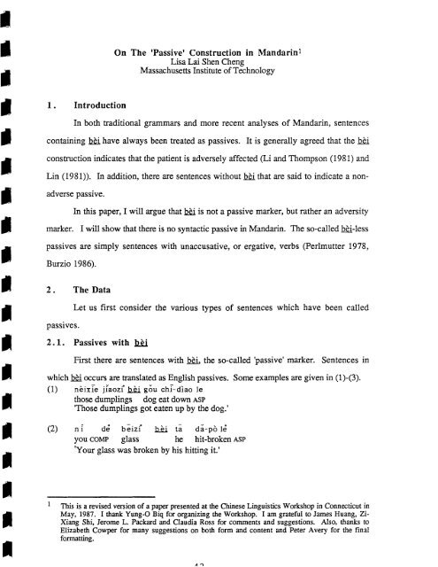On The 'Passive' Construction in Mandarin1 Lisa Lai Shen Cheng ...
