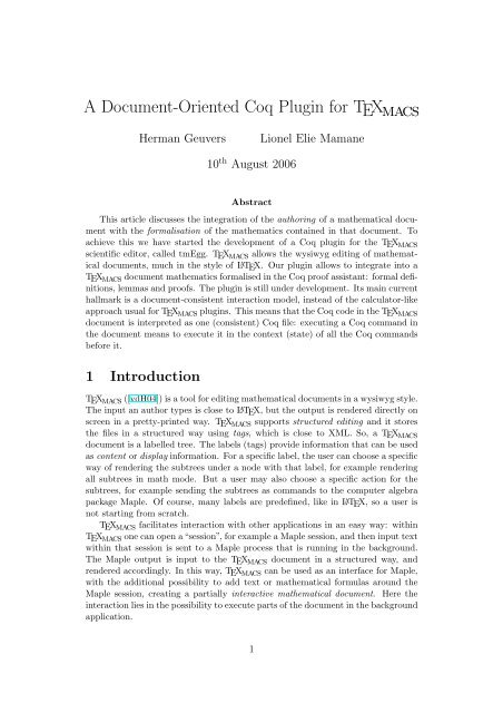 A Document-oriented CoQ plugin for TeXMacs - ActiveMath