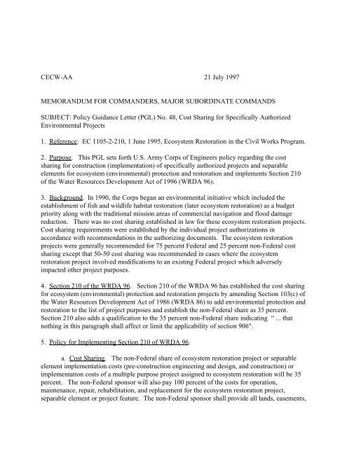 Policy Guidance Letter No. 48, Cost Sharing for ... - U.S. Army