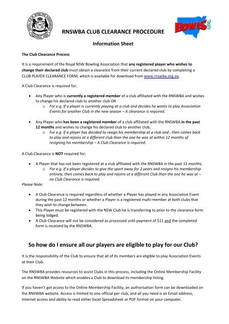 RNSWBA CLUB CLEARANCE PROCEDURE So how ... - Bowls NSW