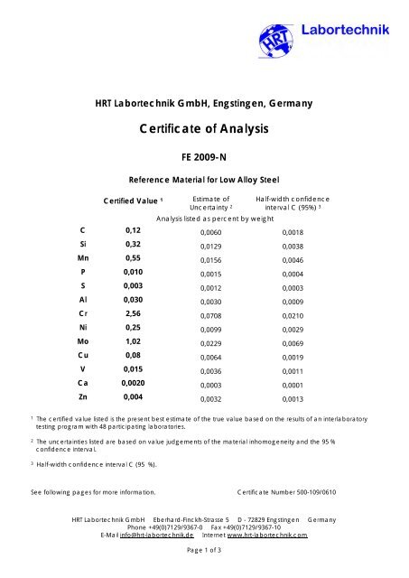 Certificate of Analysis - HRT Labortechnik GmbH