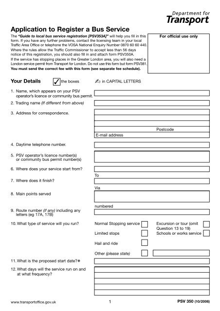 Application to Register a Bus Service (PSV 350)