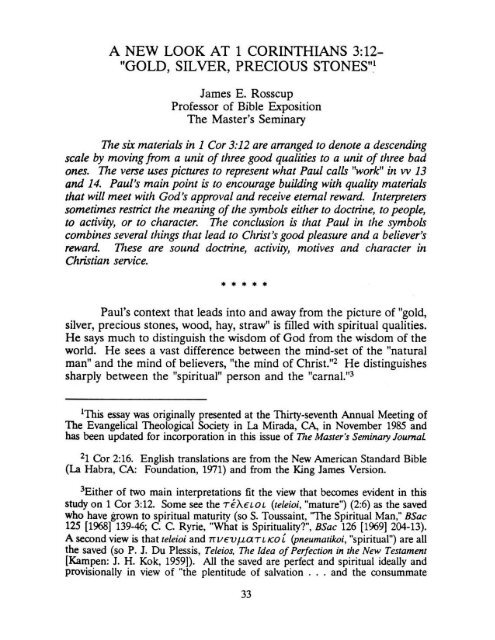 A New Look at 1 Corinthians 3:12: "Gold, Silver, Precious Stones"