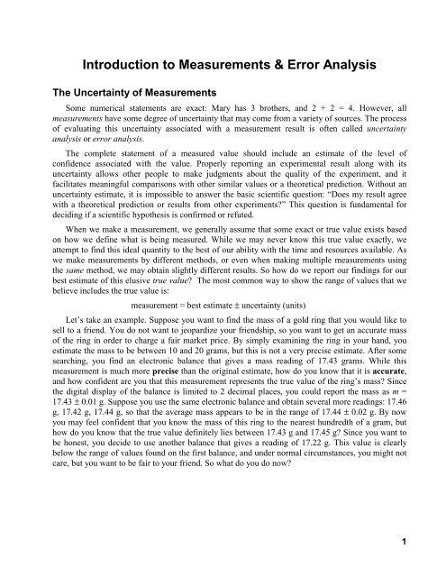 Introduction to Measurements & Error Analysis - The Department of ...