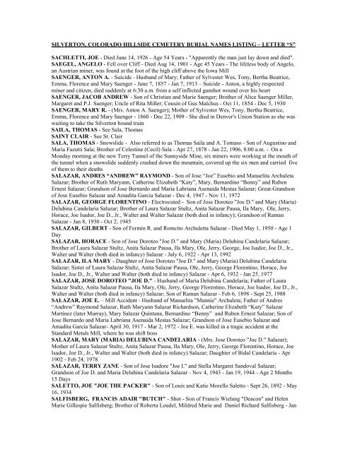 SILVERTON, COLORADO HILLSIDE CEMETERY BURIAL NAMES ...