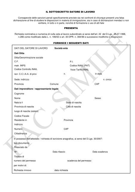 IL SOTTOSCRITTO DATORE DI