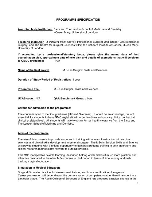 PROGRAMME SPECIFICATION - Queen Mary, University of London