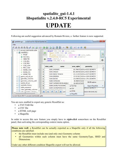 spatialite_gui-1.4.1 libspatialite v.2.4.0-RC5 Experimental UPDATE