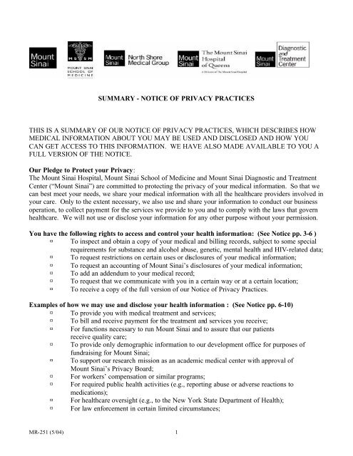 Patient Privacy Notice [PDF] - Mount Sinai Hospital