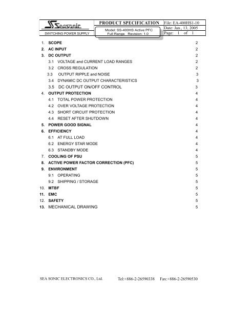 PRODUCT SPECIFICATION File: EA-400HS1-10 - Seasonic