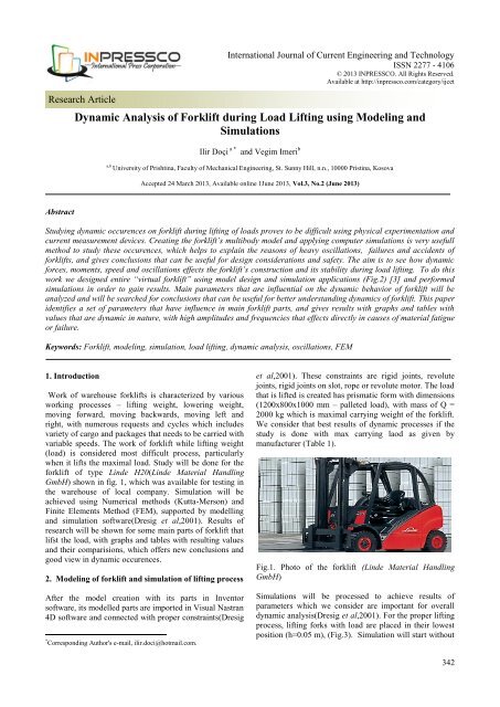 Dynamic Analysis of Forklift during Load Lifting using ... - Inpressco