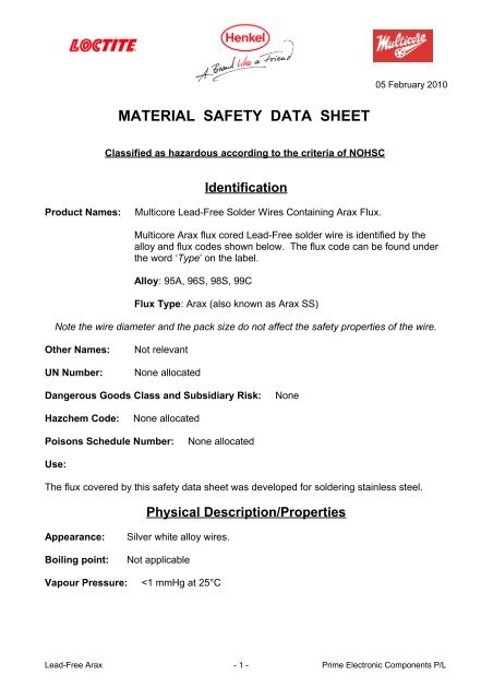 MATERIAL SAFETY DATA SHEET - Prime Electronics