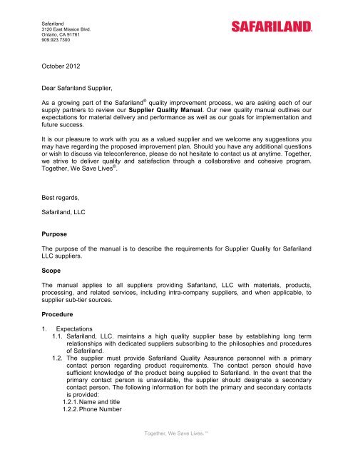 Supplier Quality Manual - Safariland
