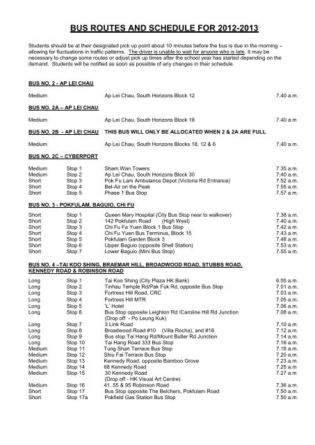 bus routes and schedule for 2012-2013 - West Island School