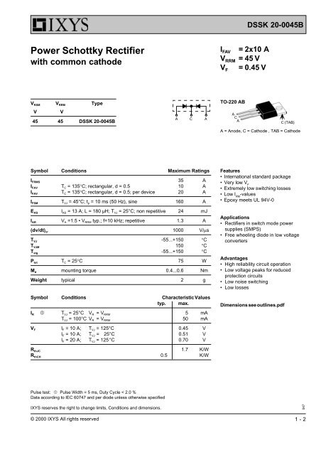 Power Schottky Rectifier with common cathode