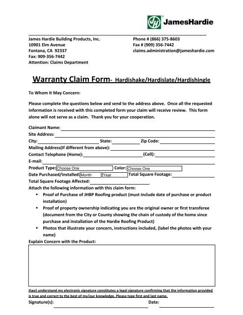 Warranty Claim Form- Hardishake/Hardislate ... - James Hardie