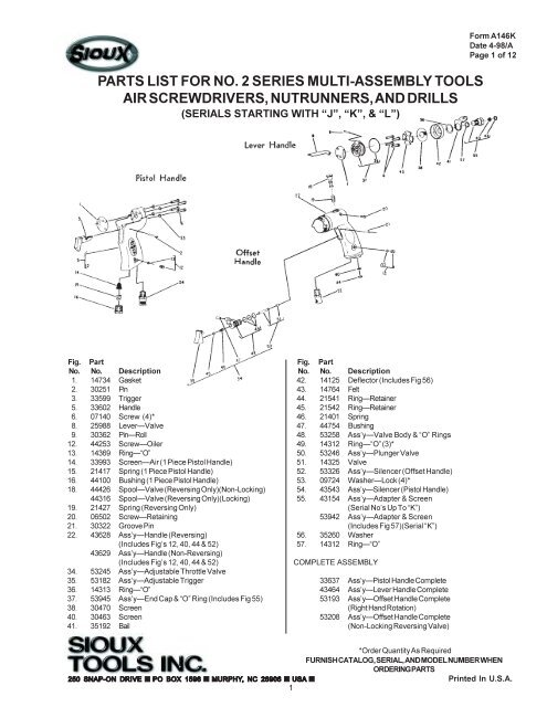 PARTS LIST FOR NO. 2 SERIES MULTI-ASSEMBLY ... - Sioux Tools