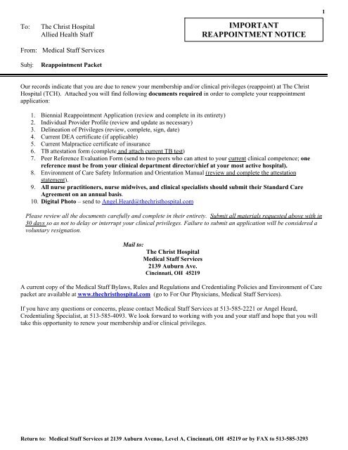 IMPORTANT REAPPOINTMENT NOTICE - The Christ Hospital