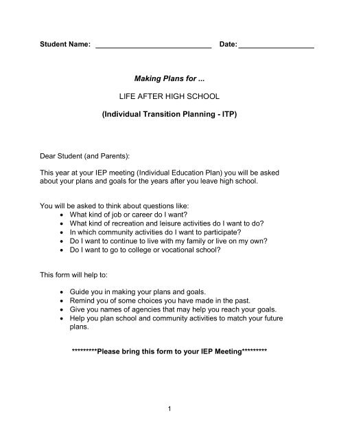 Making Plans for ... LIFE AFTER HIGH SCHOOL (Individual ...