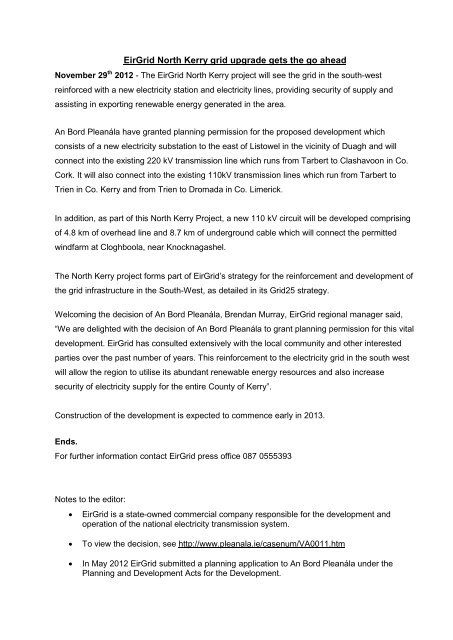 EirGrid North Kerry grid upgrade gets the go ahead - EirGrid Projects