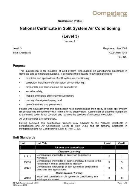 National Certificate in Split System Air Conditioning ... - Competenz