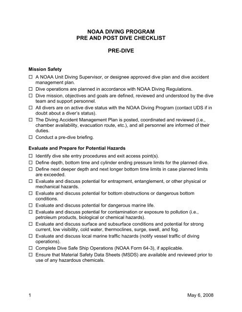 Dive Safety and Planning Pre-Dive & Post-Dive Checklists