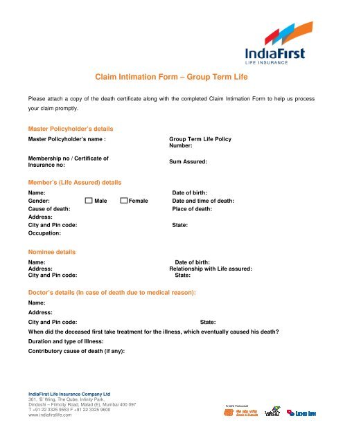 Claim Intimation Form â Group Term Life - Life Insurance