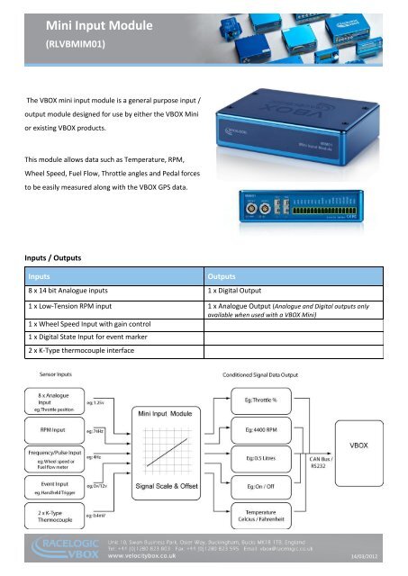 Mini Input Module data sheet. - Racelogic