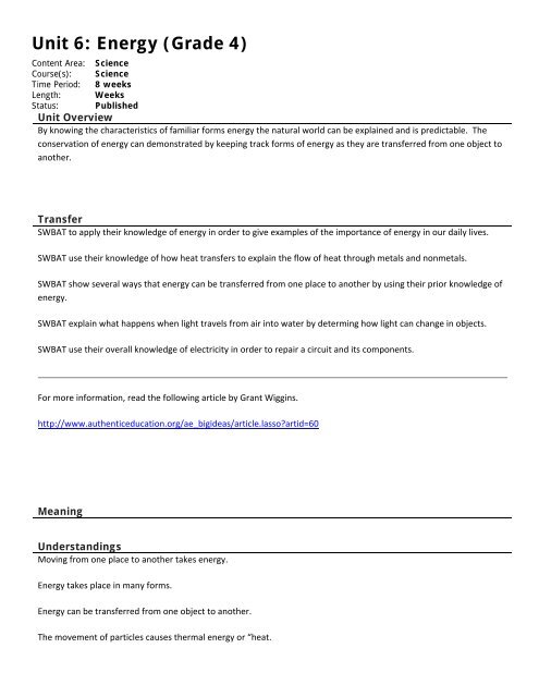 Unit 6: Energy (Grade 4)